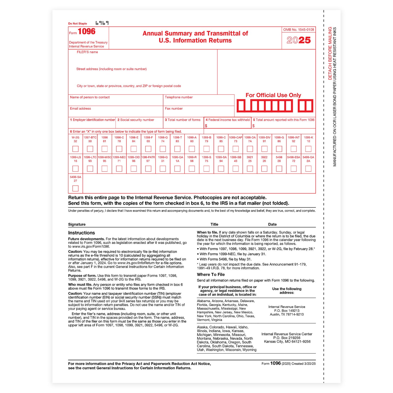 1096 Transmittal 2025 Tax Forms, 10 Pack of 1096 Summary Laser Forms