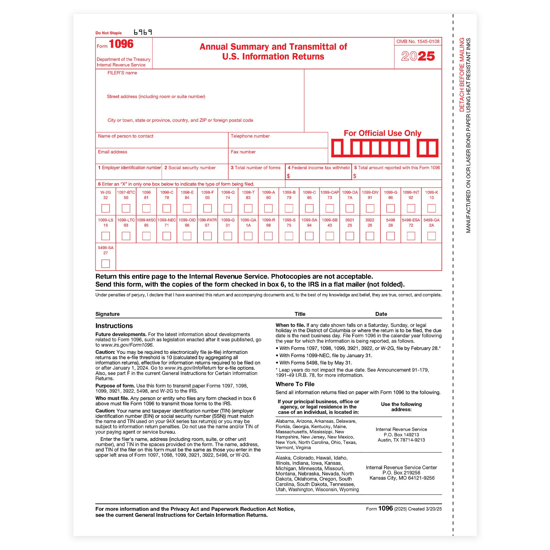 1096 Transmittal 2025 Tax Forms, 10 Pack of 1096 Summary Laser Forms