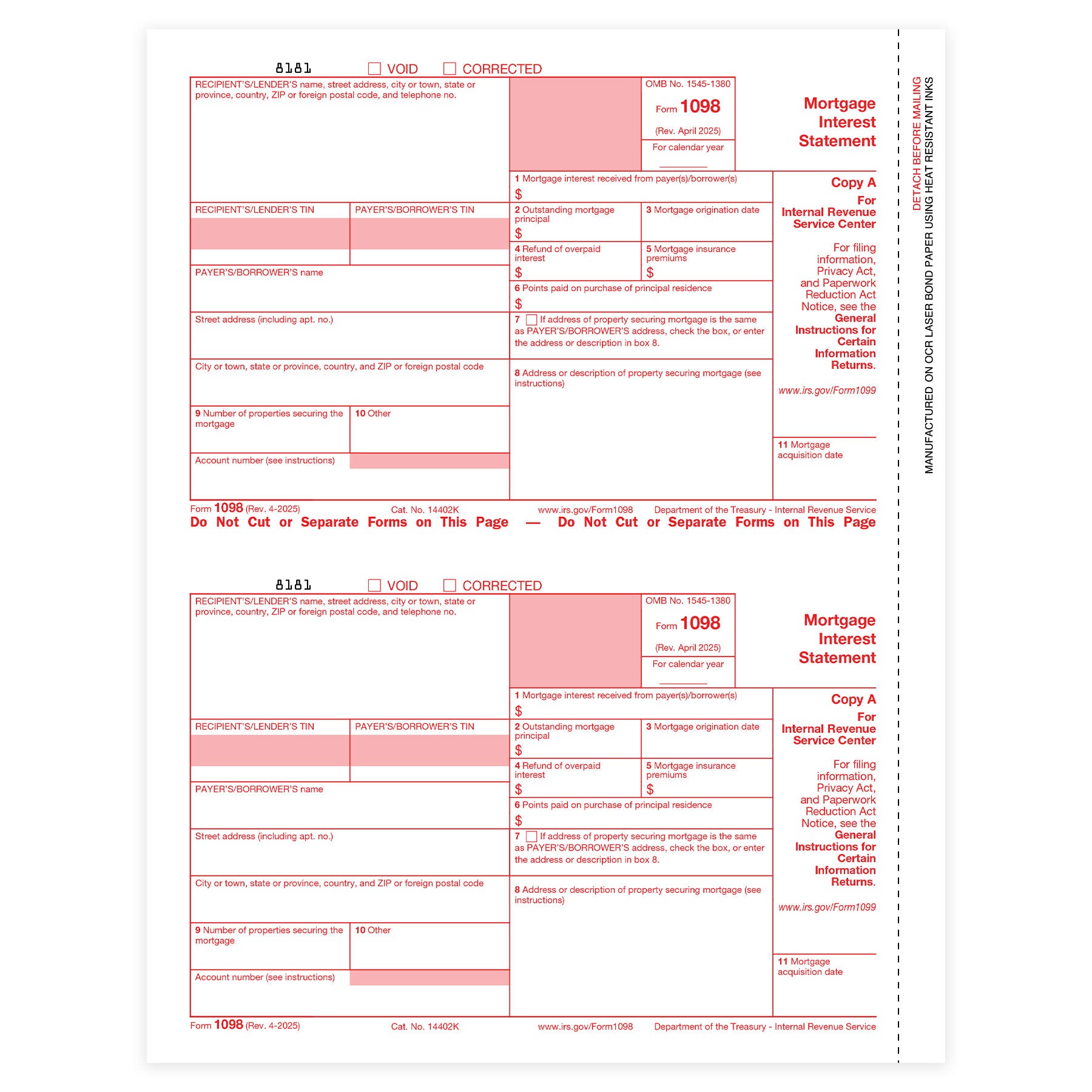 1098 Mortgage Interest Forms 2025, Copy A ONLY, 25 PAACK