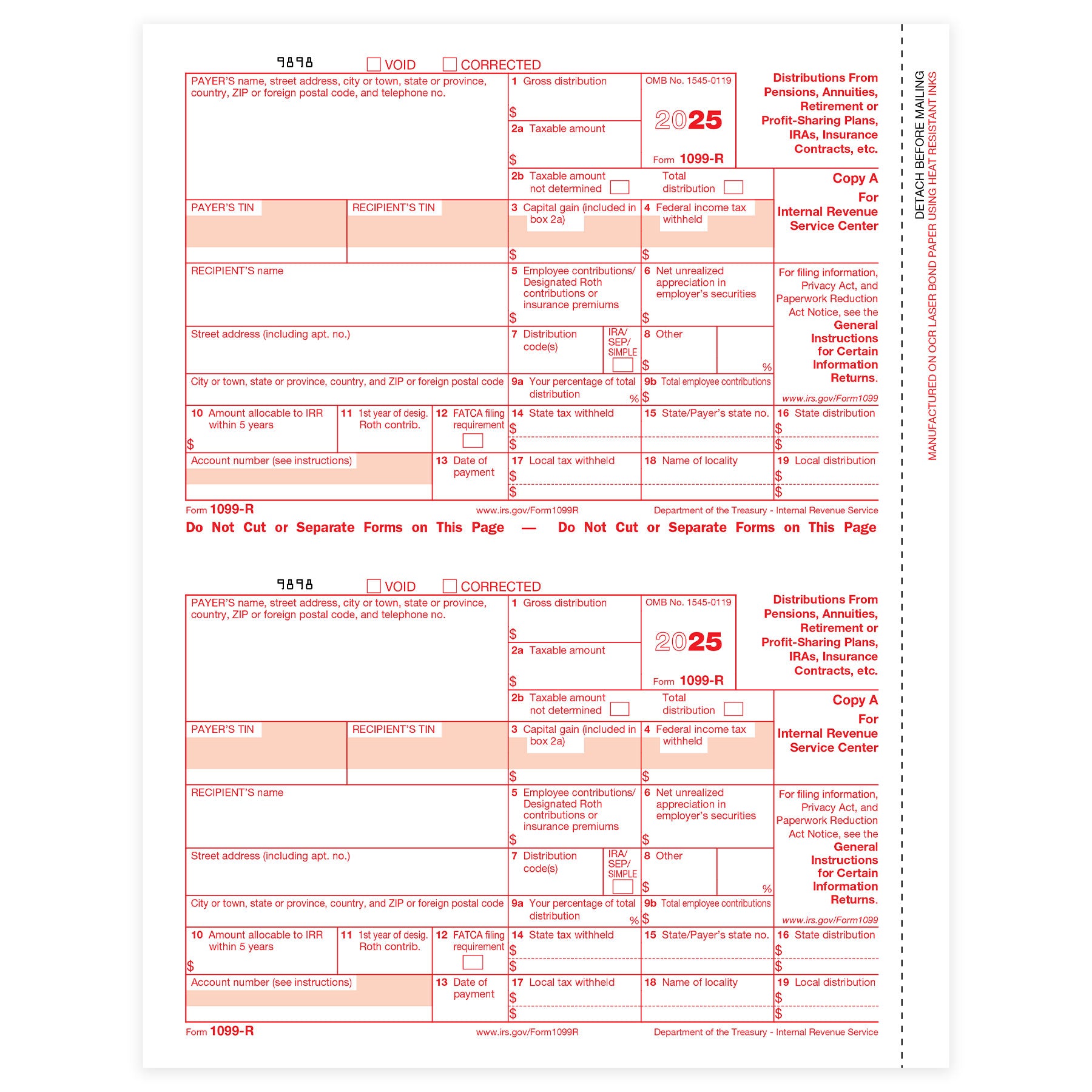 1099-R Copy A Tax Forms 2025, Copy A ONLY, 25 PACK