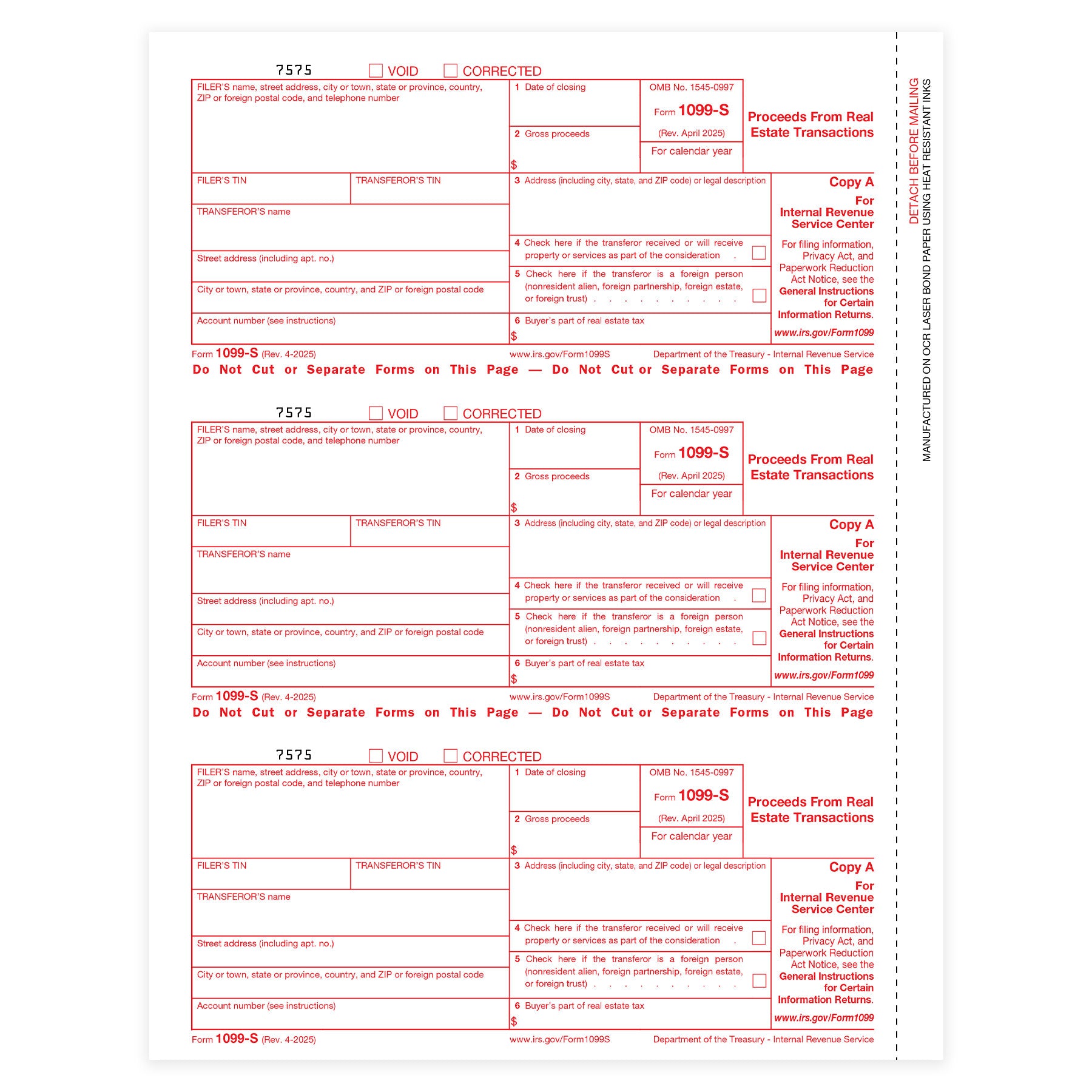 1099-S Copy A Tax Forms, Copy A ONLY, 25 Pack
