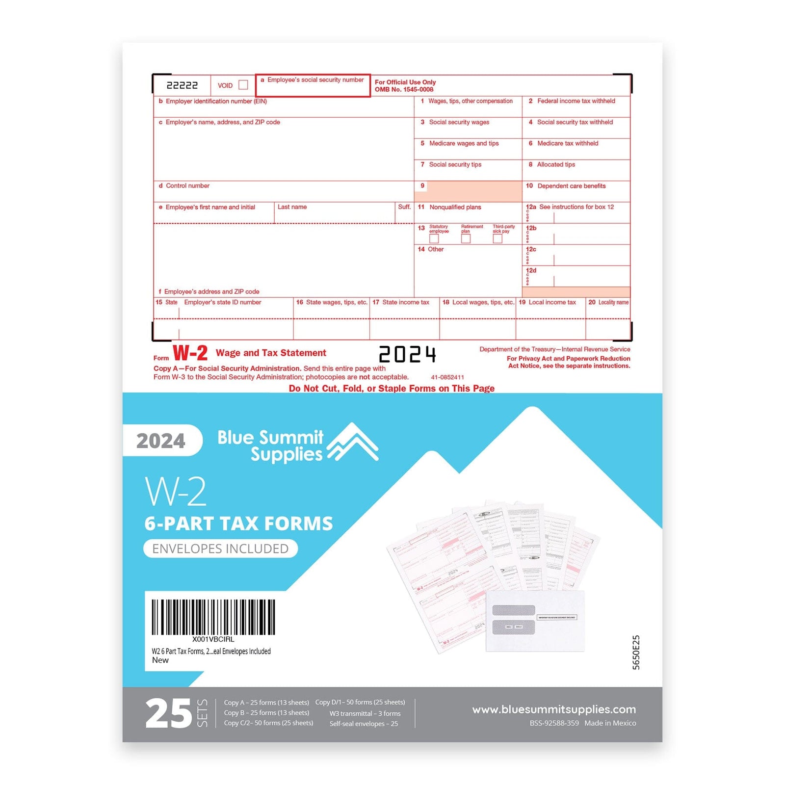 2024 Blue Summit Supplies Tax Forms, W2 6 Part Tax Forms Bundle with S