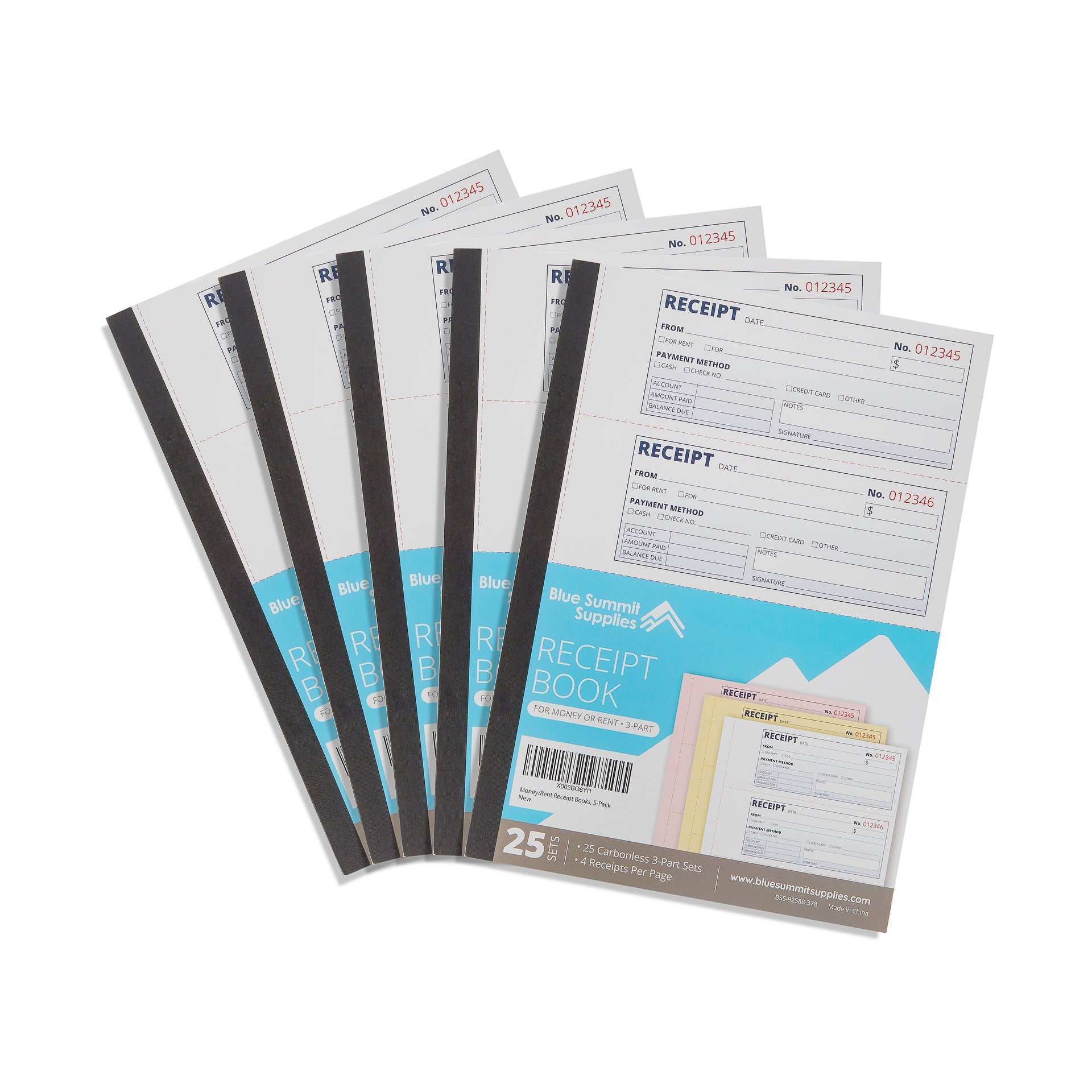 Blue Summit Supplies Receipt Books with 3-Part Carbonless Forms, 5 Pac