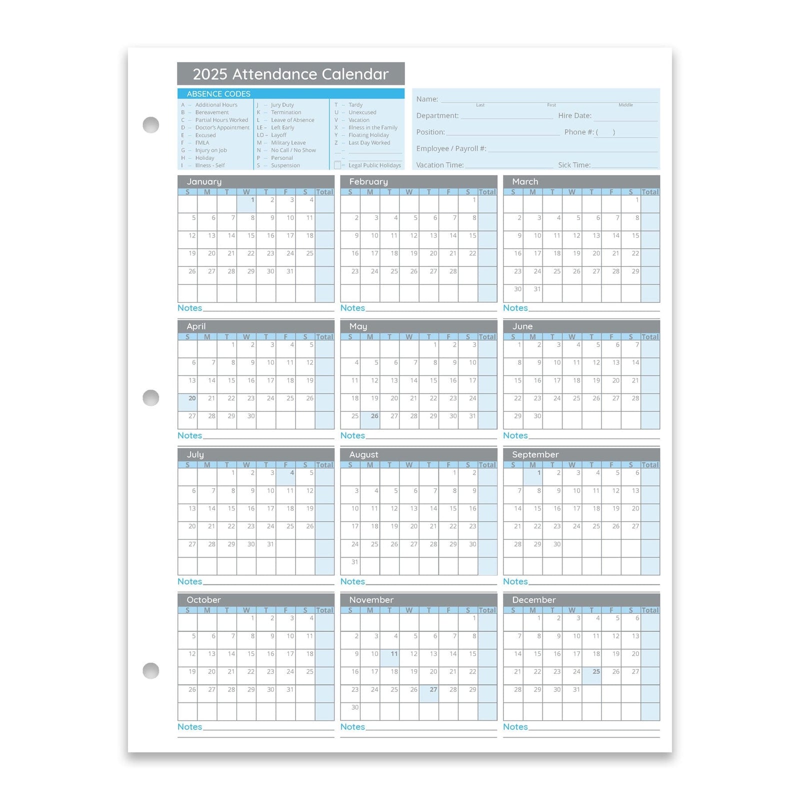 Blue Summit Supplies Employee 2025 Attendance Sheets, Hole Punched, 50