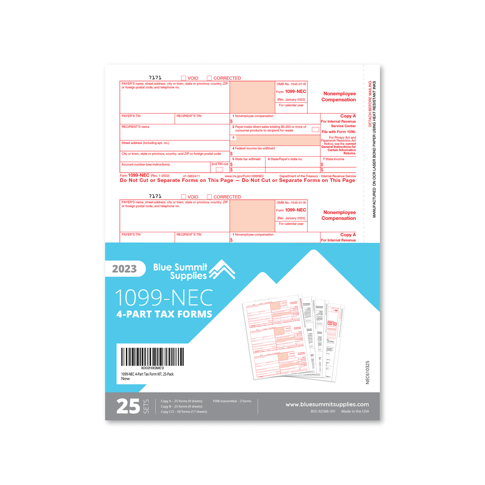 2023 Blue Summit Supplies Tax Forms, 1099-NEC 4-Part Tax Form KIT, 25-