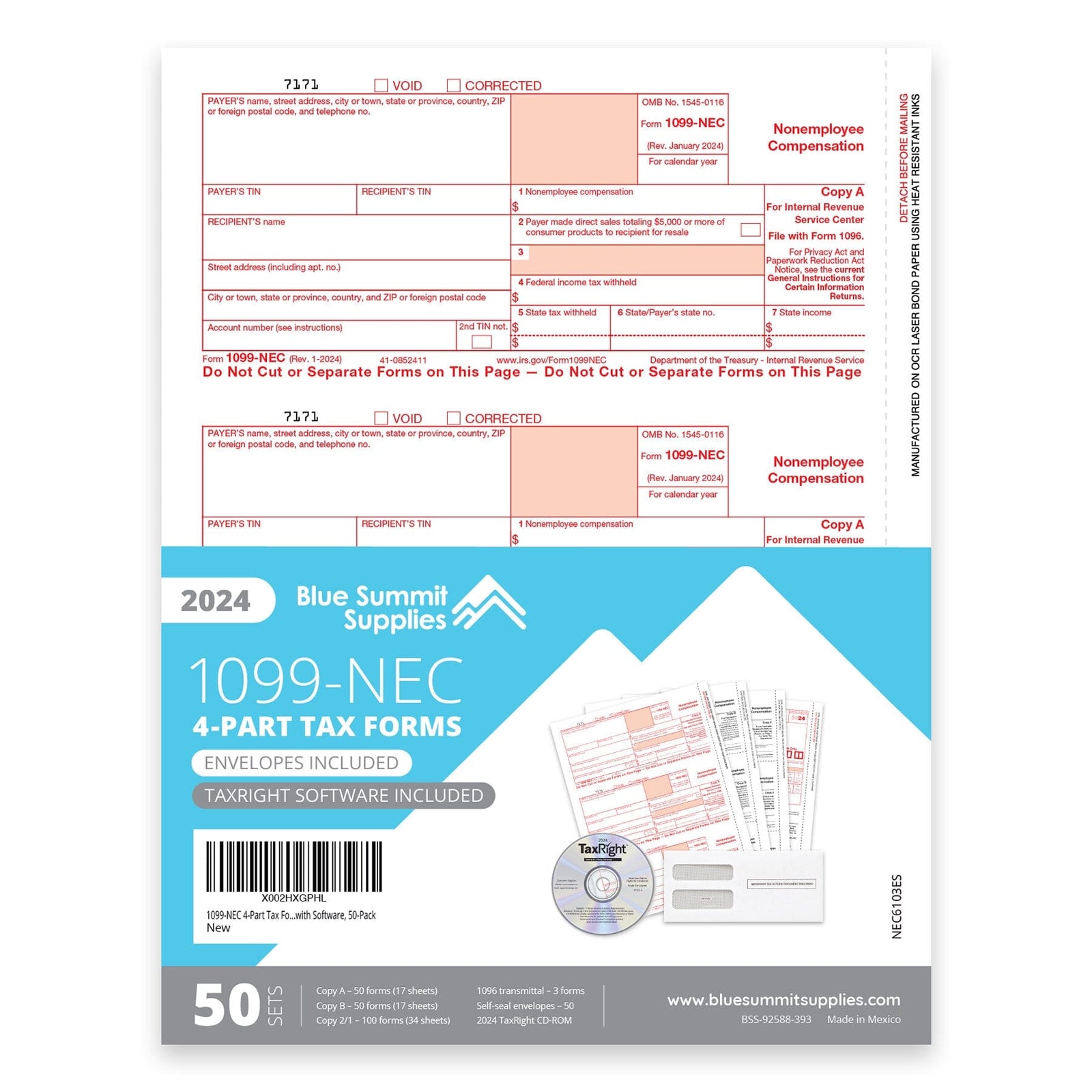 2024 Blue Summit Supplies Tax Forms, 1099-NEC 4-Part Tax Form BUNDLE,