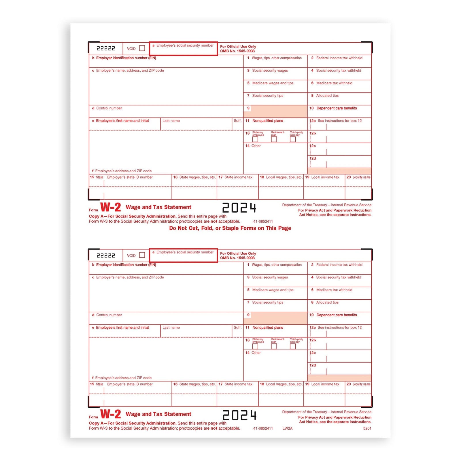 2024 Blue Summit Supplies Tax Forms, W2 4 Part Tax Forms Bundle with S