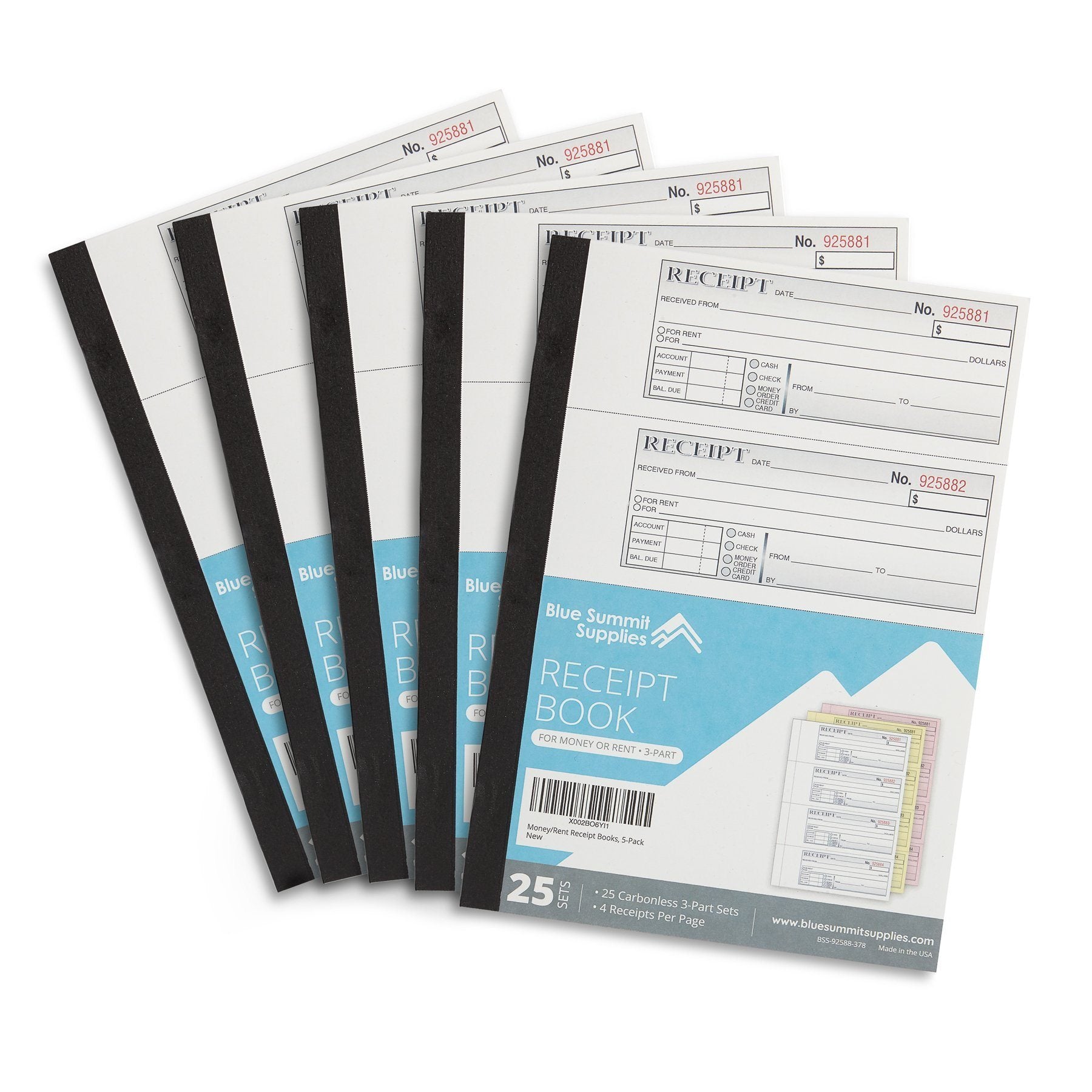 Blue Summit Supplies Receipt Books with 3-Part Carbonless Forms, 5 Pac